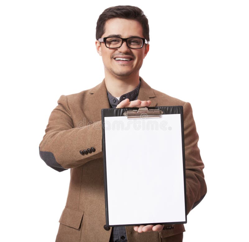 Young Business Man Holding a Clip Board Over White Background Stock ...