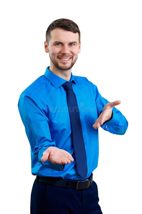 Young Business Man Presenting Open Hand. Advertisement Concept Stock ...