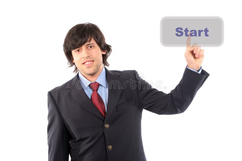 Young Business Man Presses the Start Button Stock Photo - Image of ...