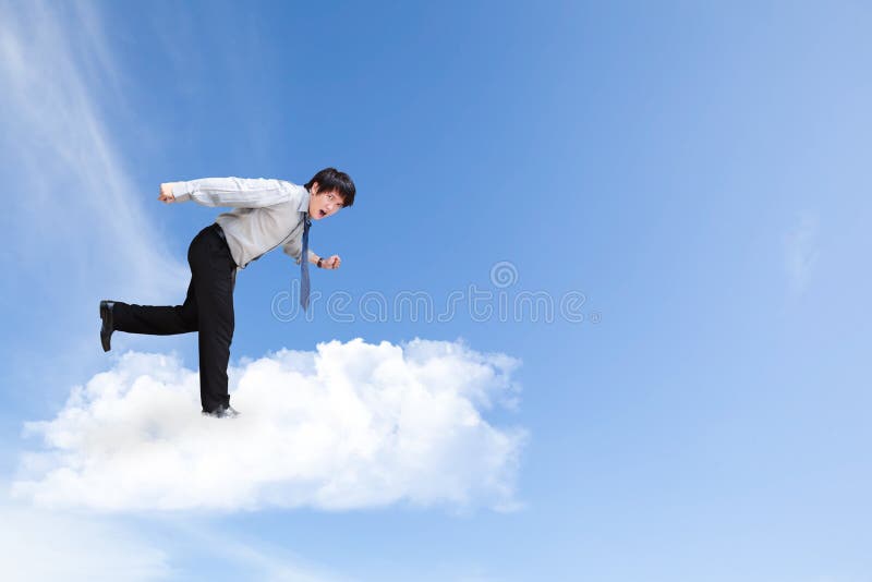 Young Business Man Running on Cloud Over Sky Stock Image - Image of ...