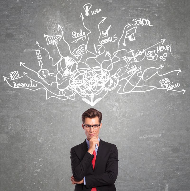 Man Thinking at Too Many Things Stock Photo - Image of scrambled, goals ...