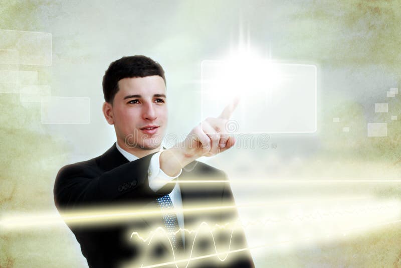 Young Business Man Selecting a Touch Screen Button Stock Image - Image ...