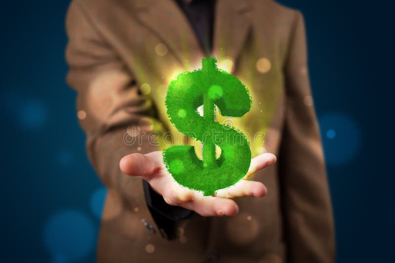 Young Businessman Presenting Green Glowing Dollar Sign Stock Photo ... Young Businessman Presenting Green Glowing Dollar Sign Stock Photo ...