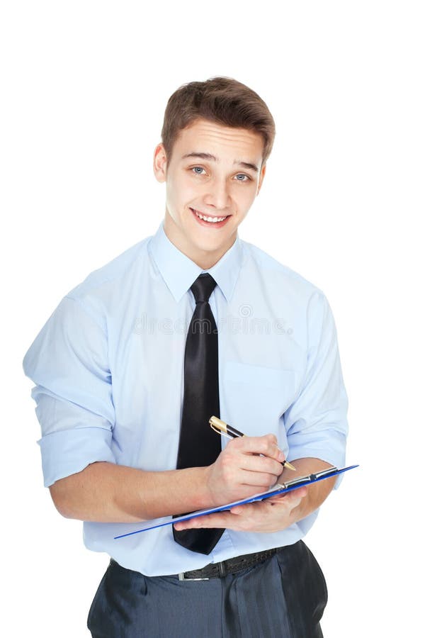 Young Business Man Taking Notes Isolated On White Background Stock