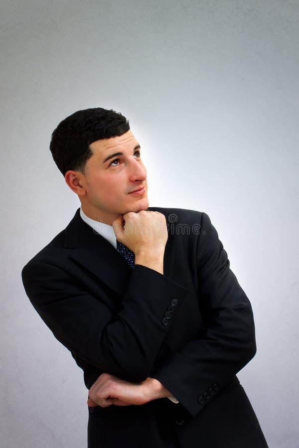 Young Business Man Thinking in Black Suit Stock Image - Image of model ...
