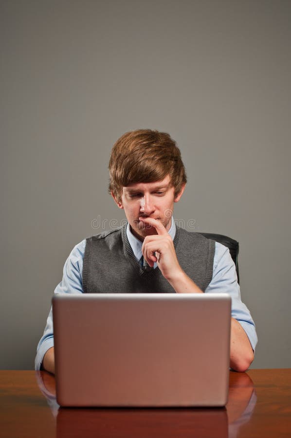 Young Business Man Thinking with Laptop Stock Image - Image of problems ...