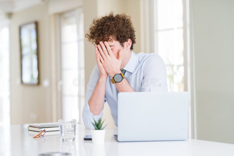 Young Business Man Working with Computer Laptop at the Office with Sad ...