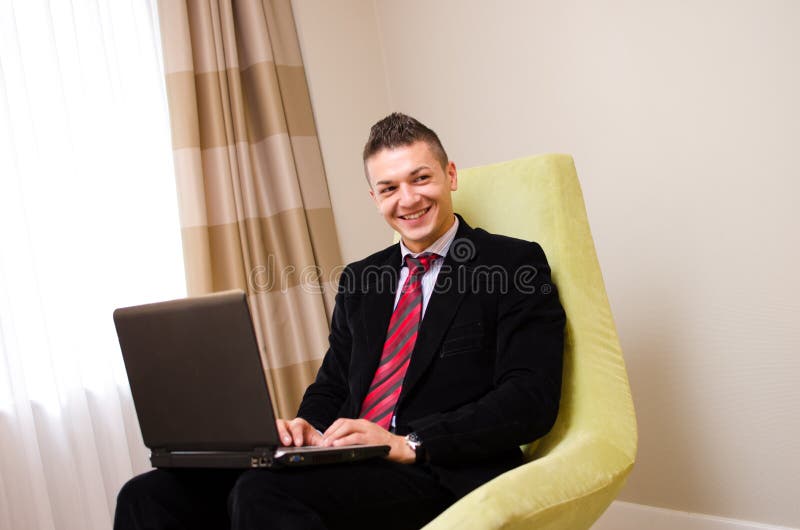 Young Business Man Working at Laptop Stock Image - Image of adult ...