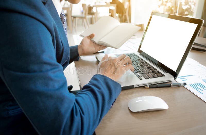 Young Business Man Working with Laptop, Book Notes, Man S Hands Stock ...