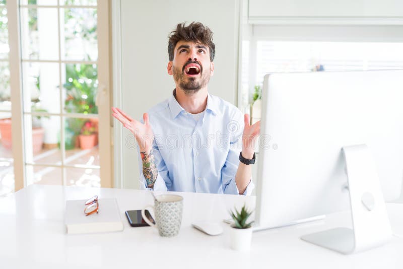 Young Business Man Working Using Computer Crazy and Mad Shouting and ...