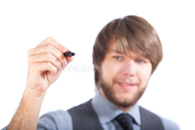 Young Business Man Writing with Marker Stock Photo - Image of white ...