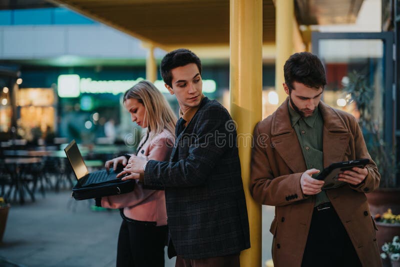 Young Business Professionals Working Outdoors with Laptops and Tablets ...