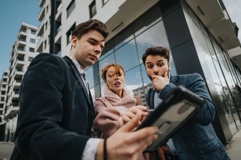 Young Business Team Analyzing Data on Tablet Outdoors Near Modern ... Young Business Team Analyzing Data on Tablet Outdoors Near Modern ...