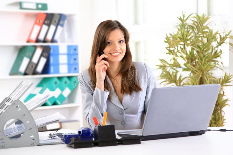 Happy Office Worker Girl on Phone Call Stock Image - Image of european ...