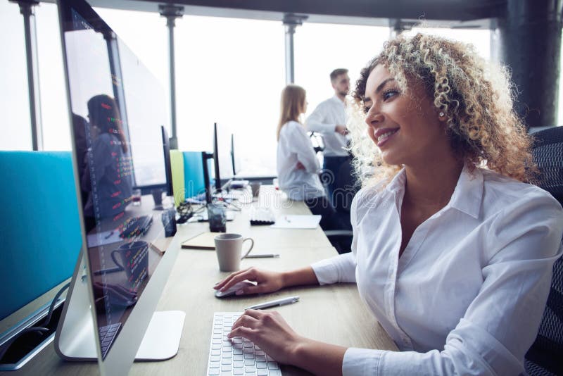 Young Business Woman with Computer in the Office. Stock Photo - Image ...