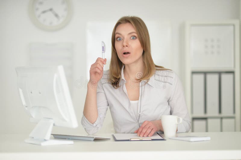 Young Business Woman with Computer in Office Stock Photo - Image of ...