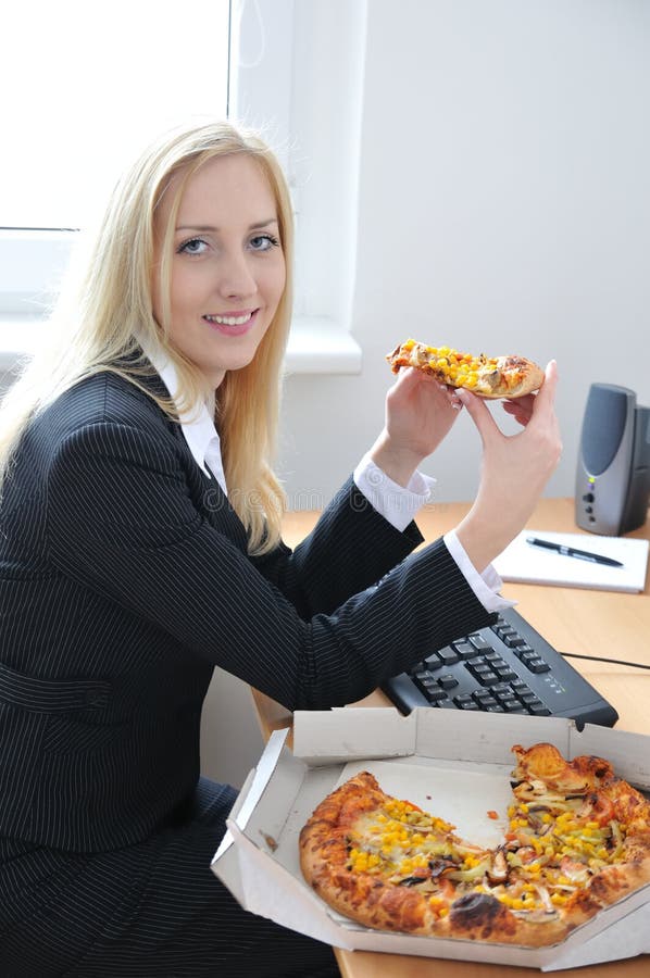 Business Person Eating Pizza at Computer Stock Image - Image of ...