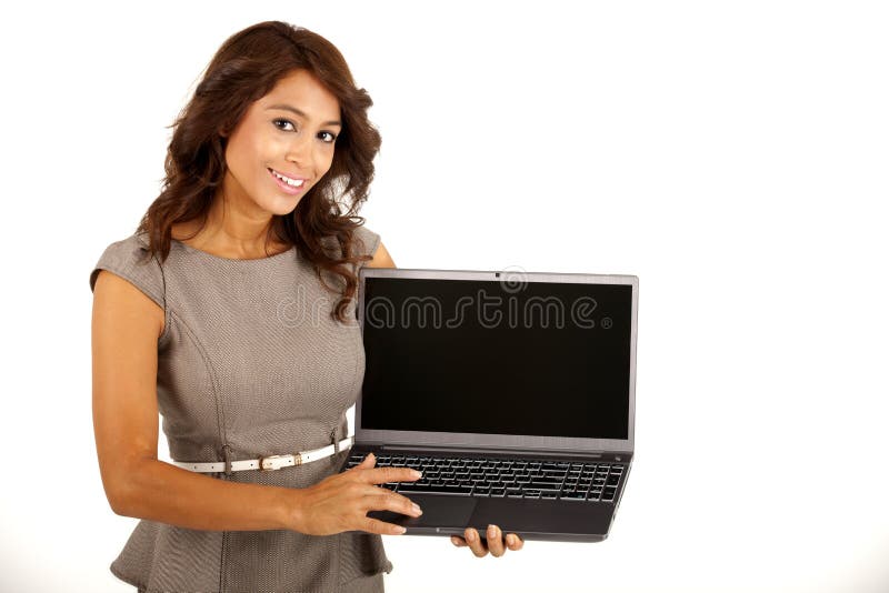 Young Business Woman Holding a Computer. Stock Image - Image of ...