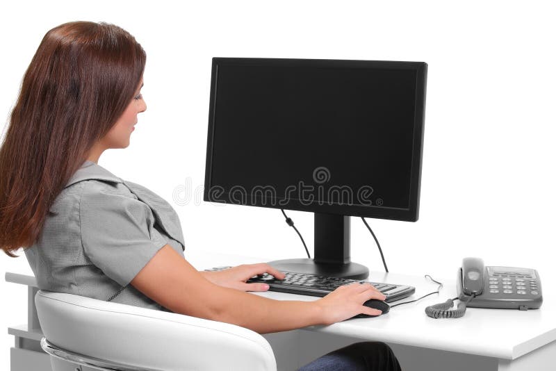 Business Woman on Phone while Using Computer at Workplace Stock Image ...