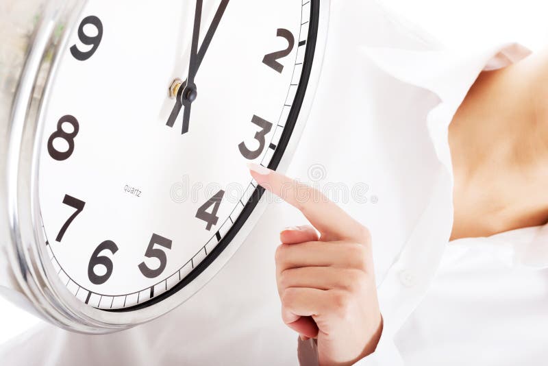 Young Business Woman Pointing on a Clock. Stock Photo - Image of ...