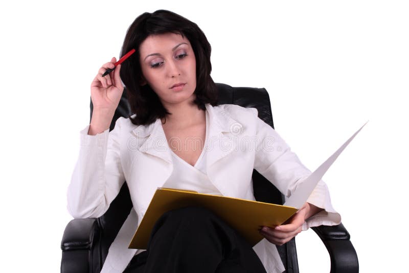 Young Business Woman Reading a Report Stock Image - Image of center ...