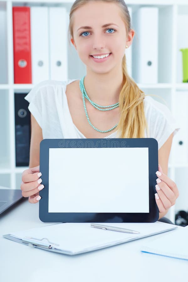 Young Business Woman Showing Blank Screen of Tablet Pc in Office. Stock ...