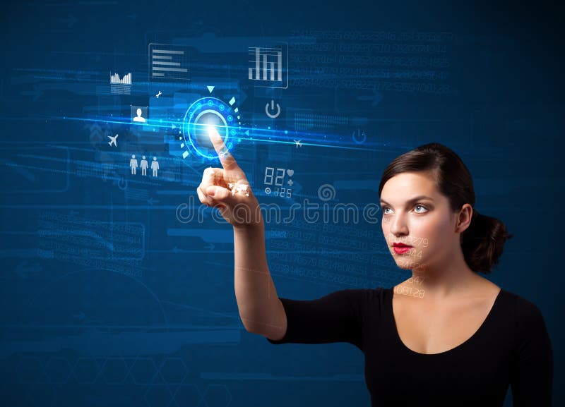 Young Business Woman Touching Future Web Technology Buttons and Stock ...
