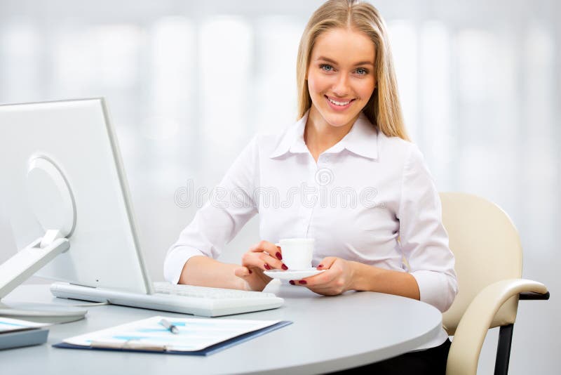 Young Business Woman Using Computer at Office Stock Image - Image of ...