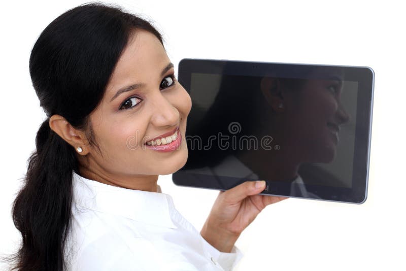 Young Woman Using Tablet Computer Outdoors Stock Photo - Image of ebook ...