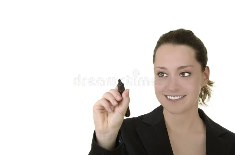 Young Business Woman Writes in Free Copy Space Stock Image - Image of ...