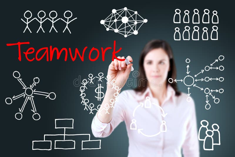 Young Business Woman Writing Teamwork Figure. Blue Background. Stock ...