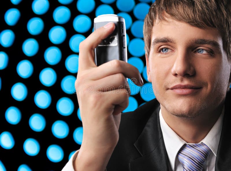 Man Holding Mobile Phone Stock Image Image Of Happy Background 7600469