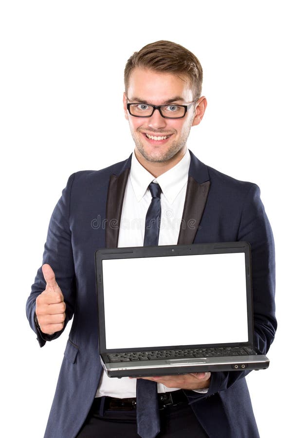 Young Businessman Bring the Laptop, Thumb Up Stock Photo - Image of ...