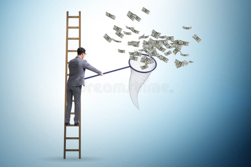 Young Businessman Catching Dollars with Landing Net Stock Illustration ...