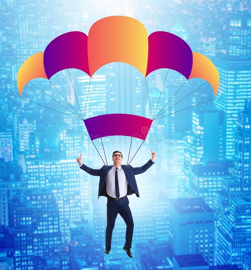 Young Businessman Falling on Parachute in Business Concept Stock Image ...