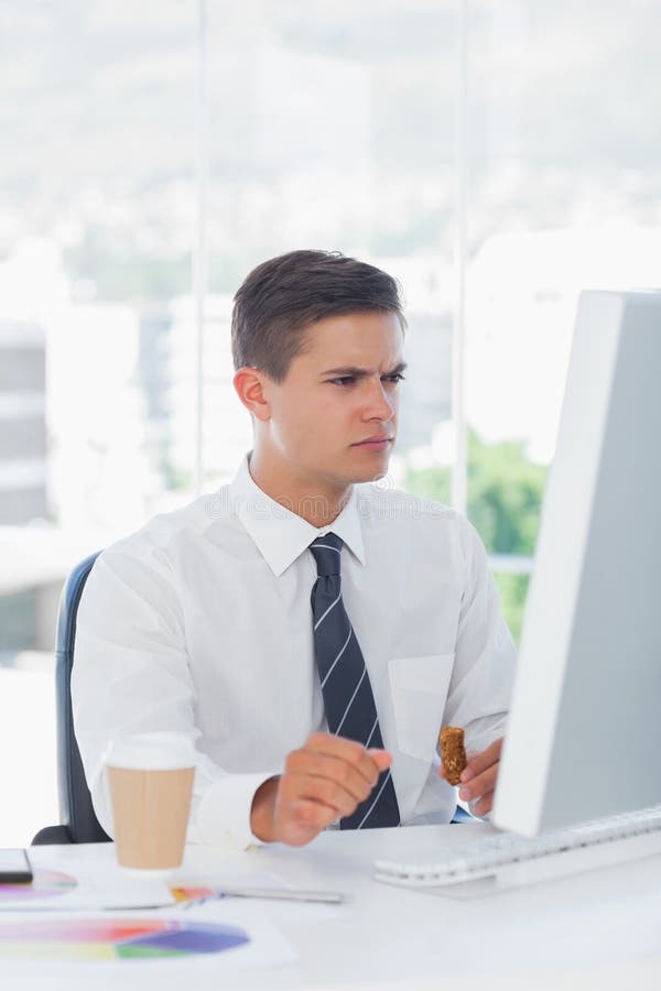 Young Businessman Frowning while Looking at Computer Stock Image ...