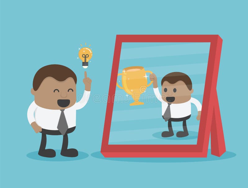 Young Businessman Have Good Ideas. See Reflection from Mirror she ...