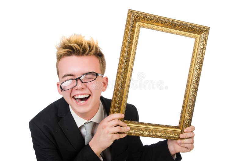 Young Businessman Holding Picture Frame Isolated Stock Photo - Image of ...