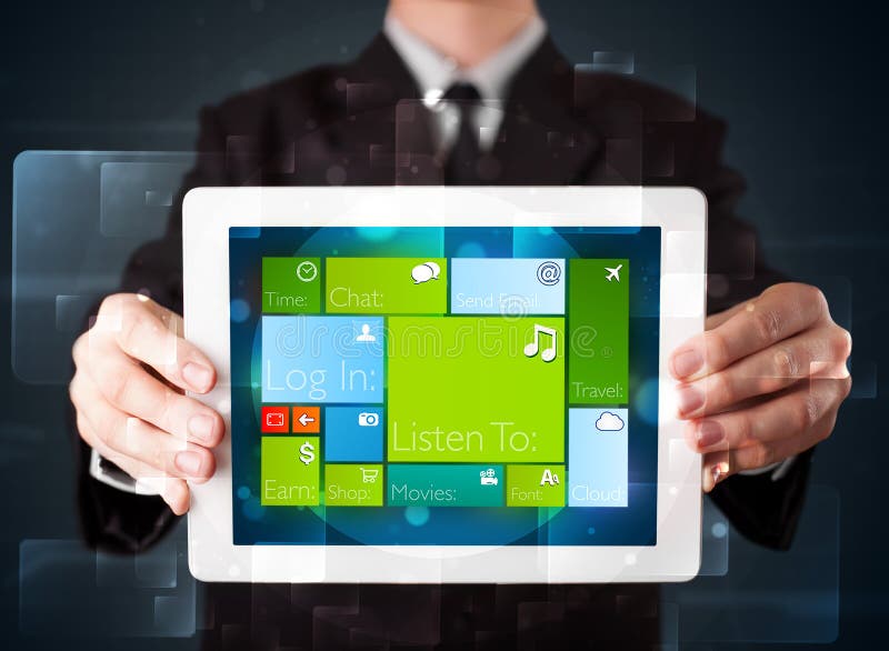 Businessman Holding a Tablet with Modern Software Operational System ...