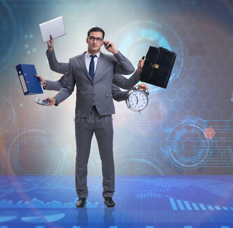 Young Businessman in Multitasking Concept Stock Image - Image of arms ...