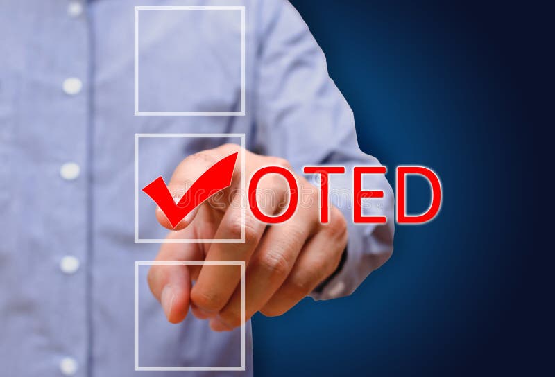 Young Businessman Pointing Tick Mark, Voting Symbols. Stock Image ...