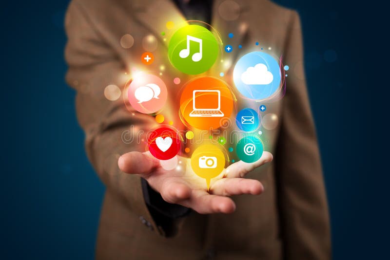 Young Businessman Presenting Colorful Technology Icons and Symbols ...