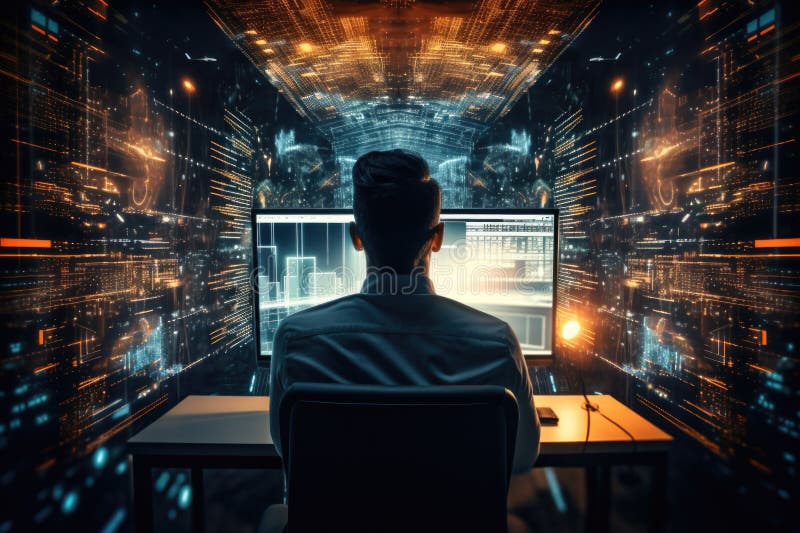 A Young Businessman Sits in Front of a Computer Surrounded by Neon ...
