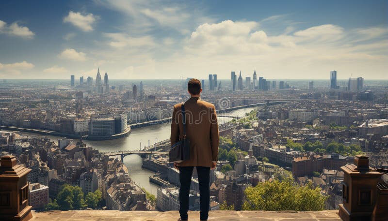 Young Businessman Standing on Rooftop, Looking at City Skyline ...