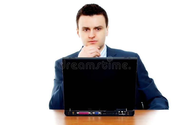 Young Businessman Thinking Behind the Computer Stock Image - Image of ...