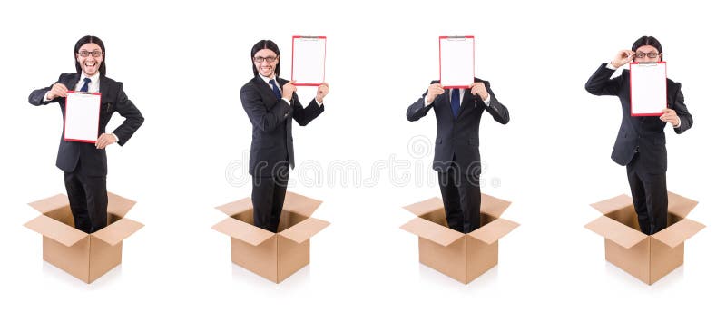 Young Businessman in Thinking Out of Box Concept Stock Photo - Image of ...