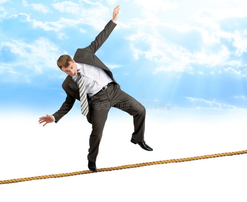 Young Businessman Try To Walk on Rope Stock Photo - Image of security ...