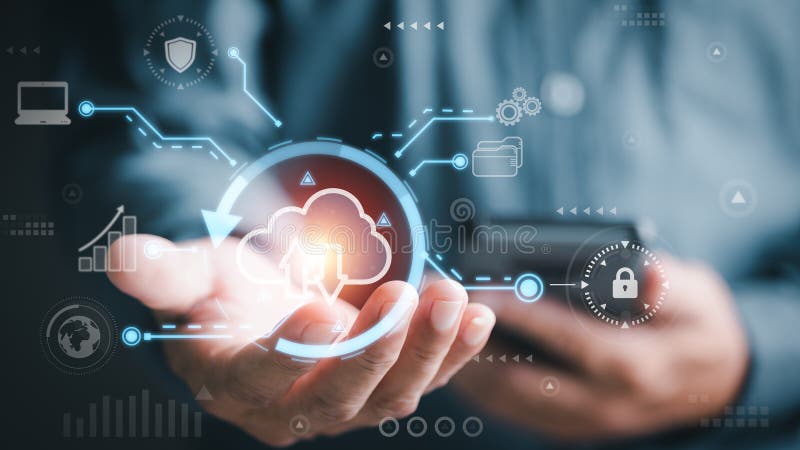 A Young Businessman Uses Cloud Networking Technology To Communicate and ...