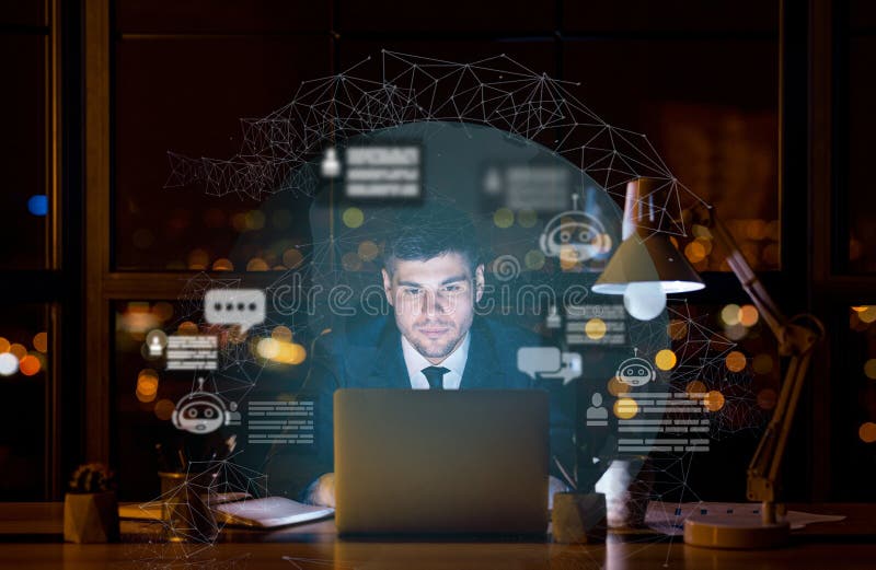 Young Businessman Working on Laptop at Dark Office, Using Chatbot Stock ...