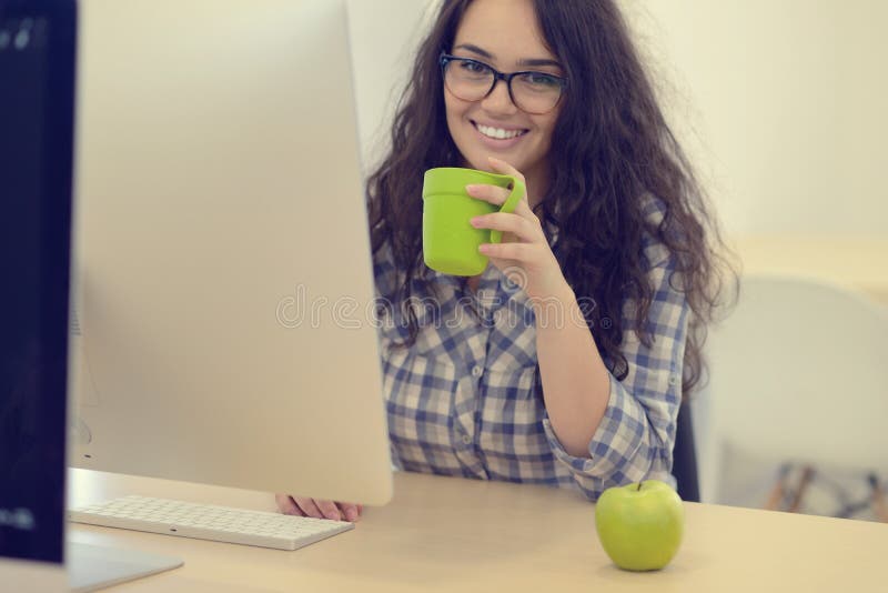 Young Businesswoman on a Coffee Break. Using Computer. Stock Image ...